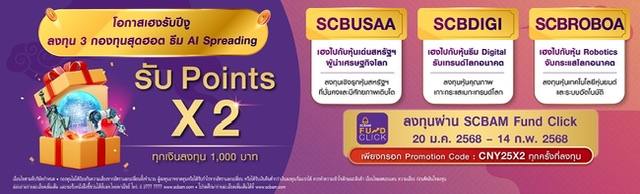 SCBAMส่ง 3 กองทุนสุดฮอต ธีม AI Spreadingมอบ Point X2 เสริมโอกาสสร้างพอร์ตเติบโตเมื่อลงทุนผ่าน ...