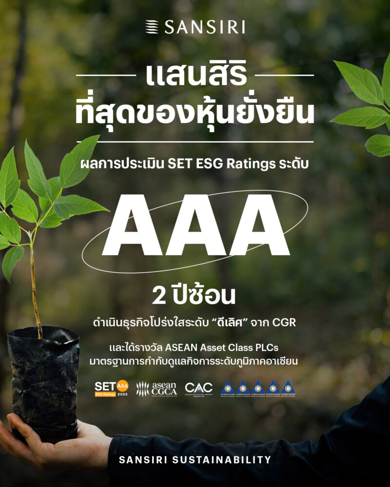 “แสนสิริ” คว้าสูงสุด ระดับ AAA หุ้นยั่งยืน SET ESG Ratings และรางวัล ASEAN Asset Class PLCs ใน ...